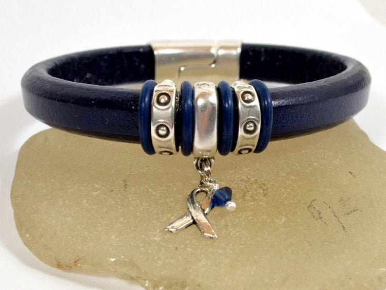 Colon Cancer Awareness Bracelet Blue 10x6mm Regaliz Leather With Silver ...