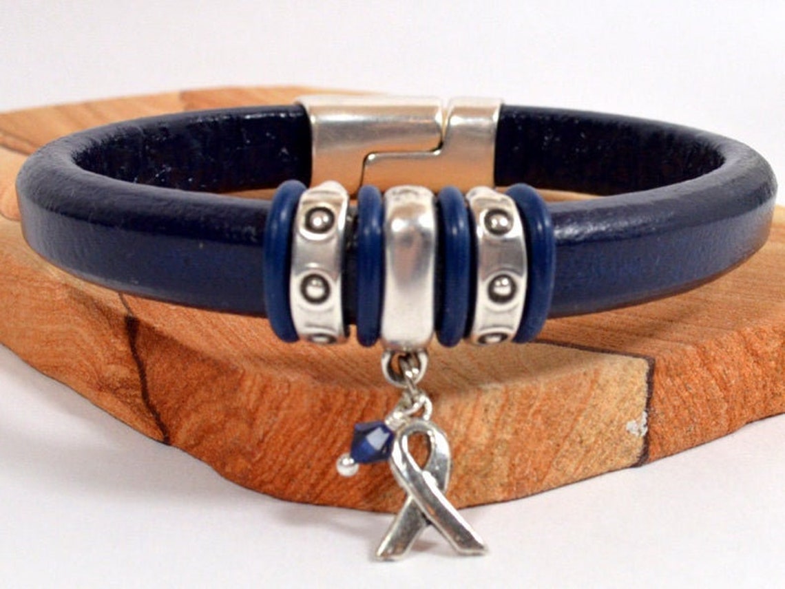 Colon Cancer Awareness Bracelet Blue 10x6mm Regaliz Leather With Silver ...
