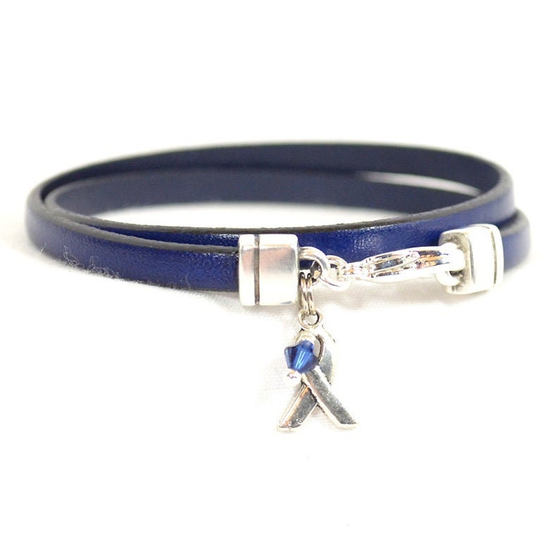 Colon Cancer Awareness Bracelet Blue 5mm Flat Leather Double Wrap ...