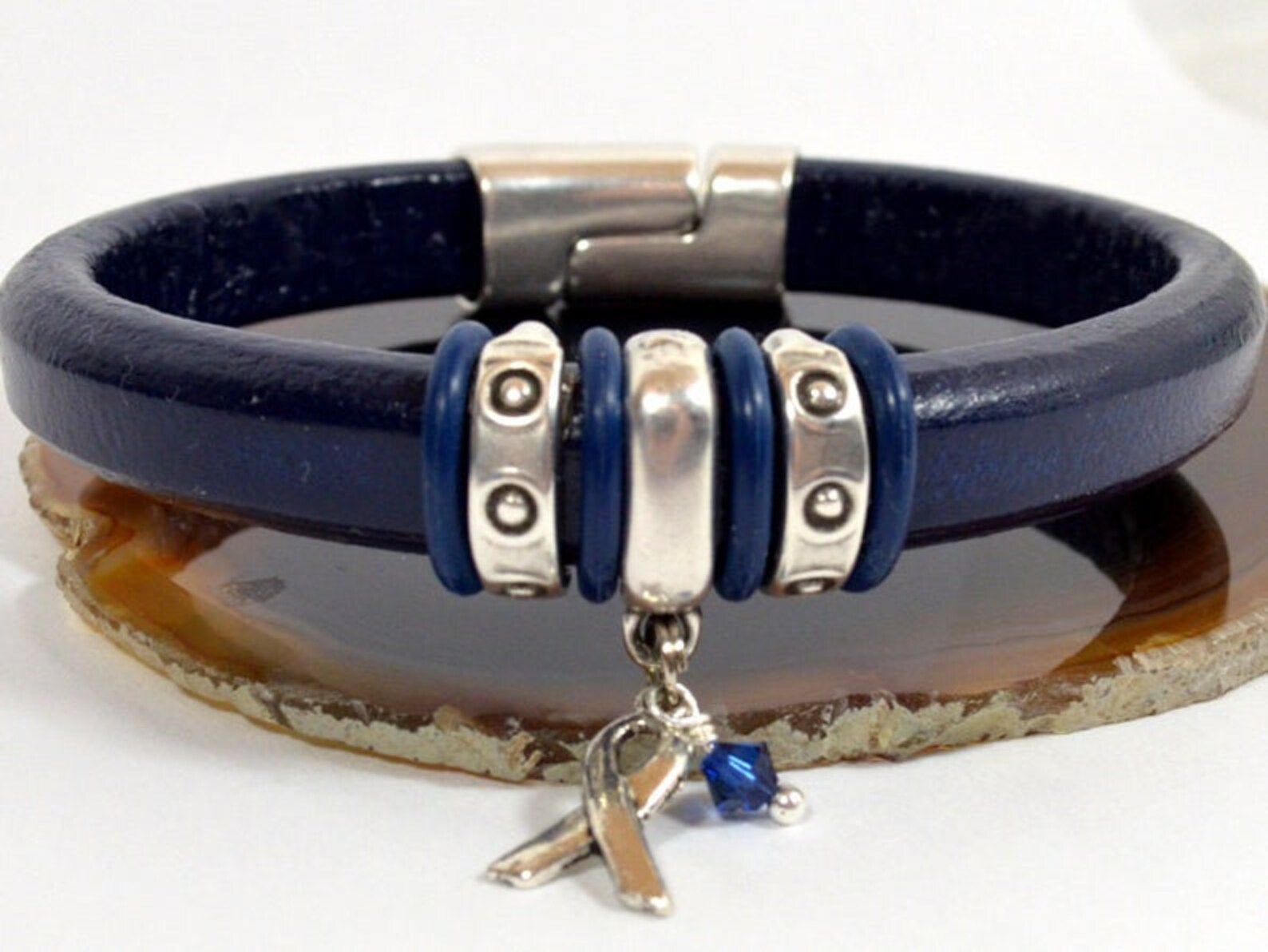 Colon Cancer Awareness Bracelet Blue 10x6mm Regaliz Leather With Silver ...