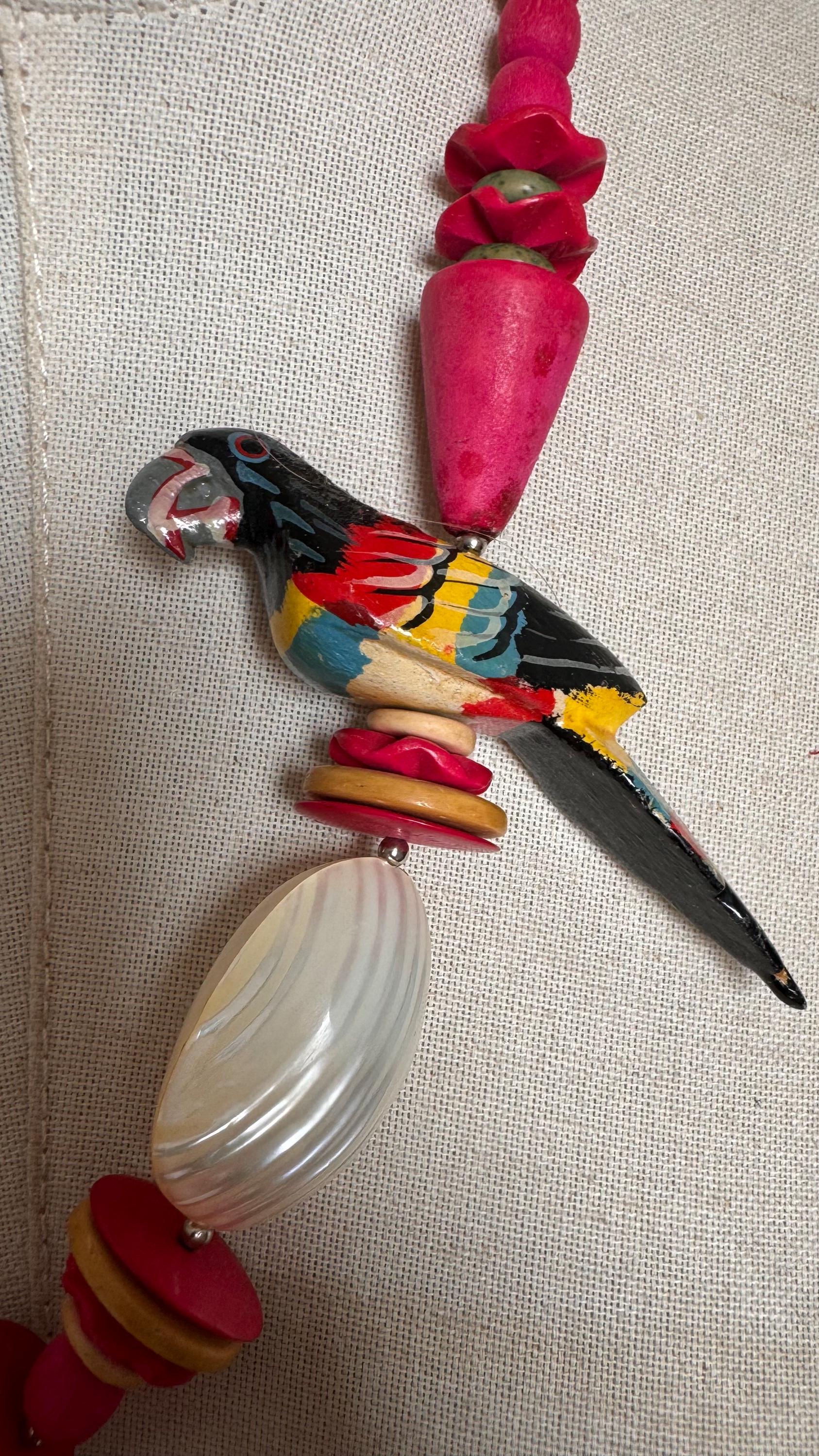 1980s Kitsch Novelty Parrots Necklace Souvenir Shells Wooden Beads ...