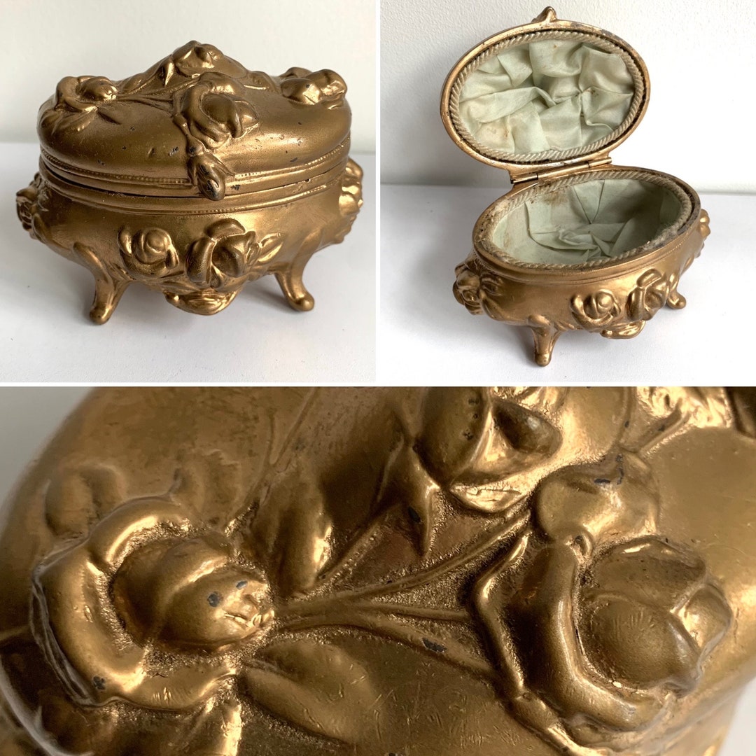 Beautiful 1904 Edwardian Art Nouveau Silk Lined Metal Trinket Box ...
