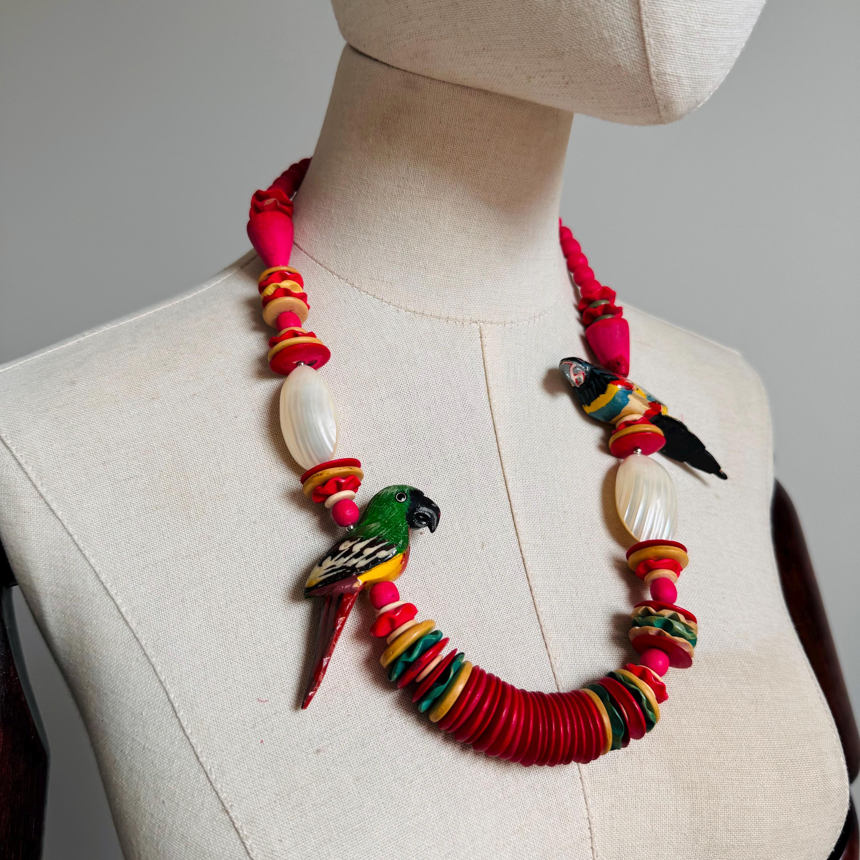 1980s Kitsch Novelty Parrots Necklace Souvenir Shells Wooden Beads ...