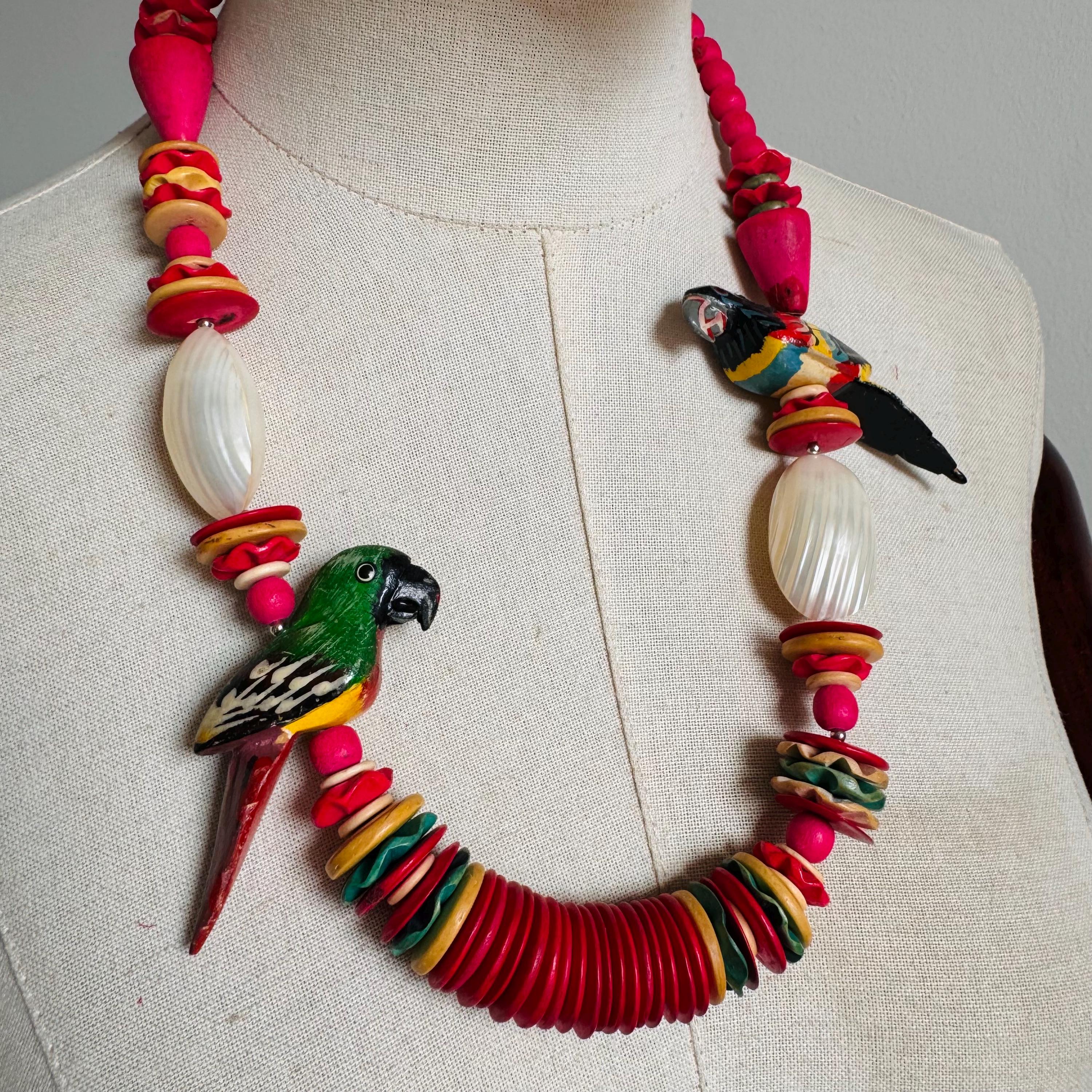 1980s Kitsch Novelty Parrots Necklace Souvenir Shells Wooden Beads ...