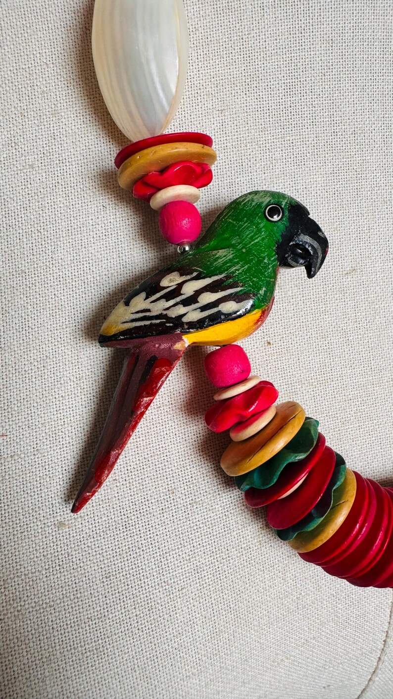 1980s Kitsch Novelty Parrots Necklace Souvenir Shells Wooden Beads ...