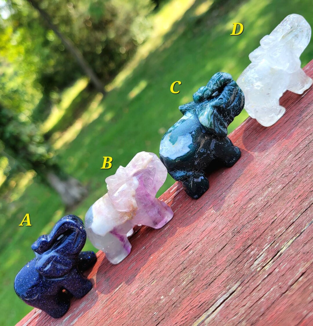 Crystal Elephants - Blue Goldstone, Moss Agate, Fluorite, and Clear ...