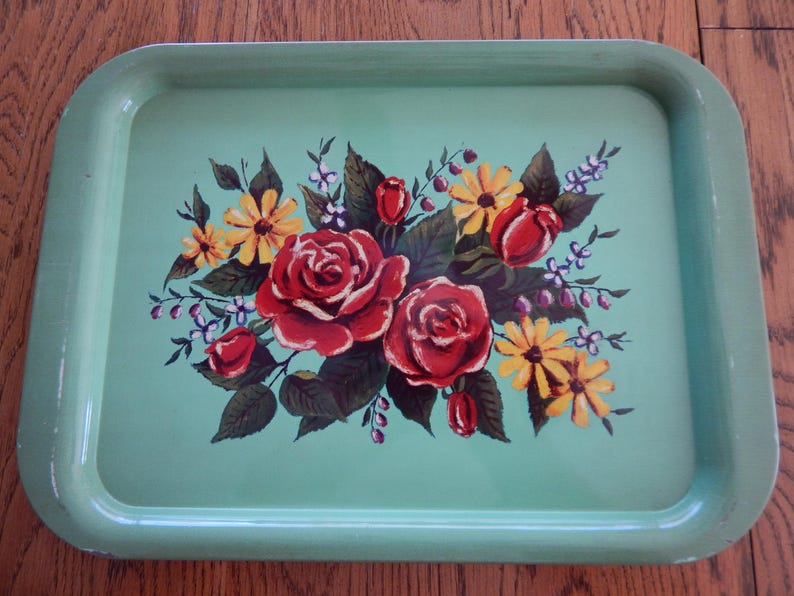 Antique Red Roses on Green Background Metal Lunch Trays - Etsy