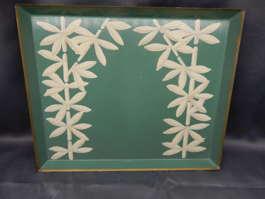 Vintage 1950s Square Metal Tray Green With Bamboo Gold Trim - Etsy