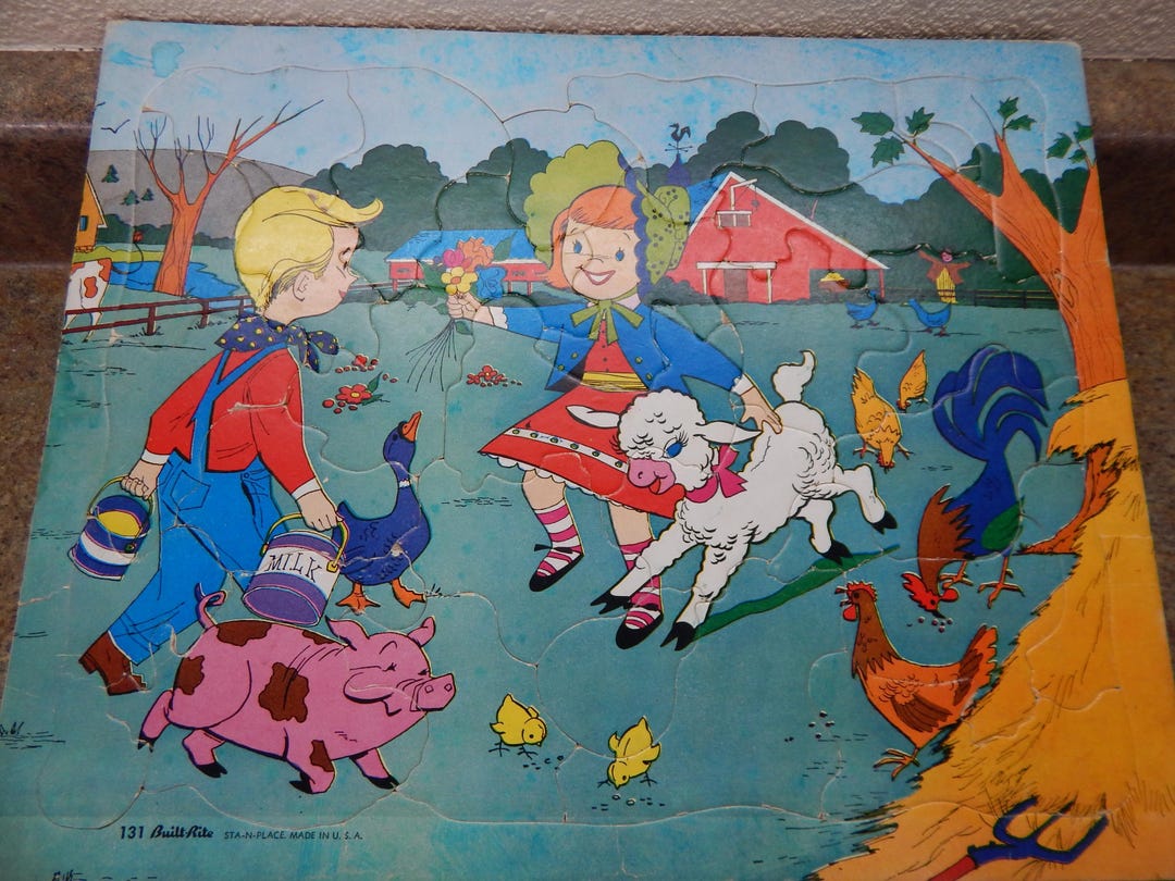 1950s Built-rite Sta-n-place Tray Puzzle Kids on Farm Animal Scene Barn ...