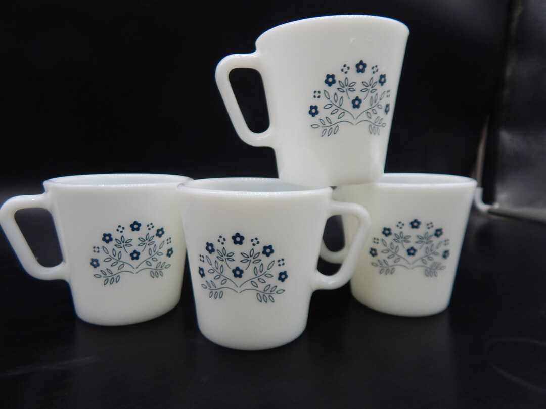 Vintage Pyrex Coffee Cup Mug 1410 Blue Flowers 10oz Milk Glass Set of 4 ...
