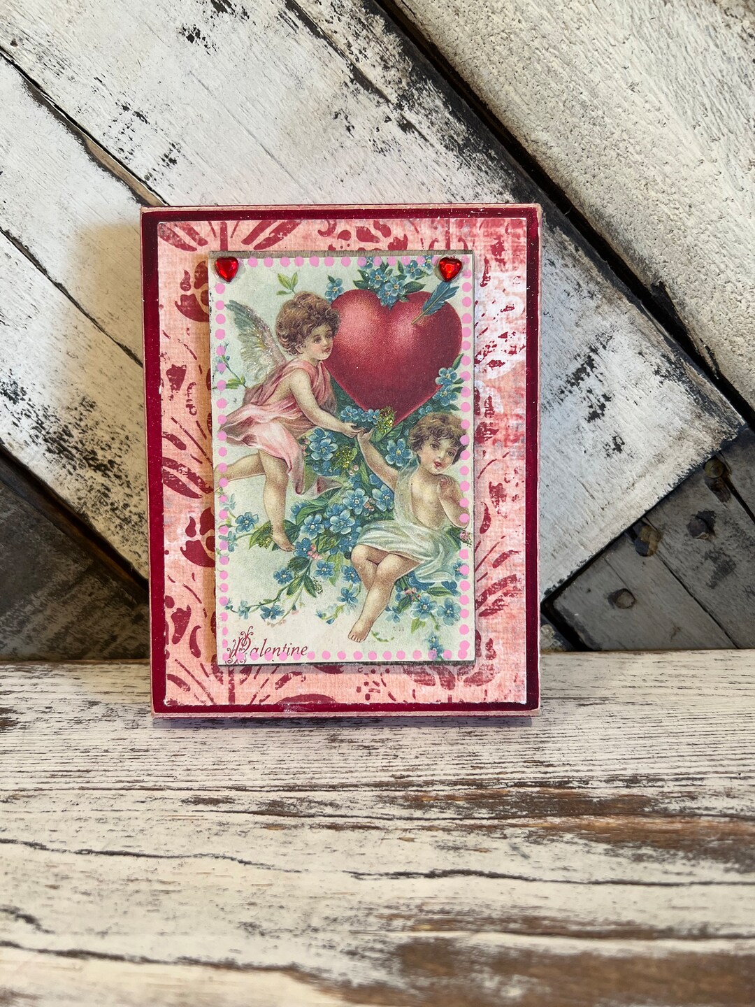 Cupids and Heart Card Mounted and Decoupagedwith Paper on a Wood Plaque ...