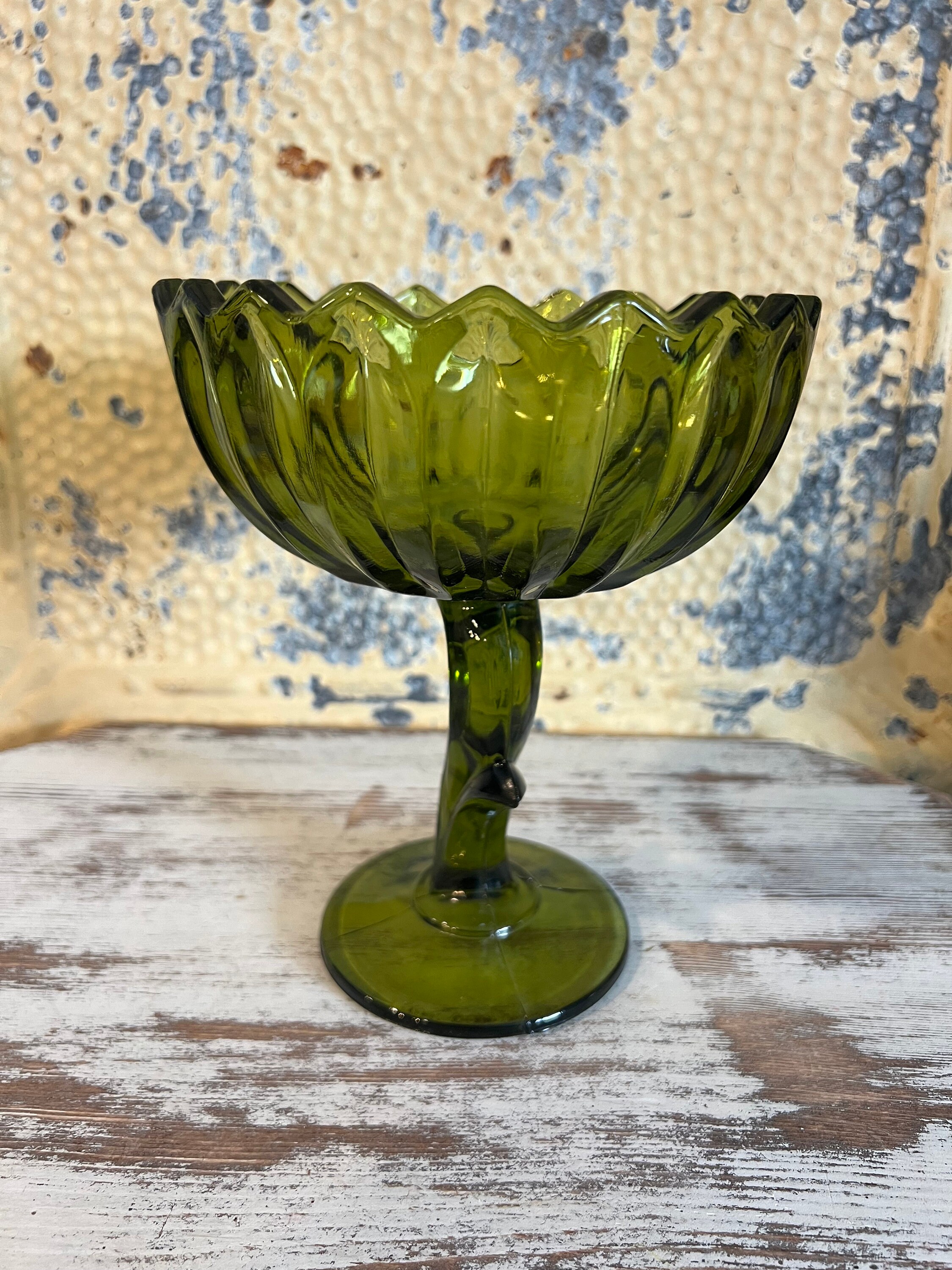Vintage Indiana Olive Green Compote Lotus Blosom - Etsy