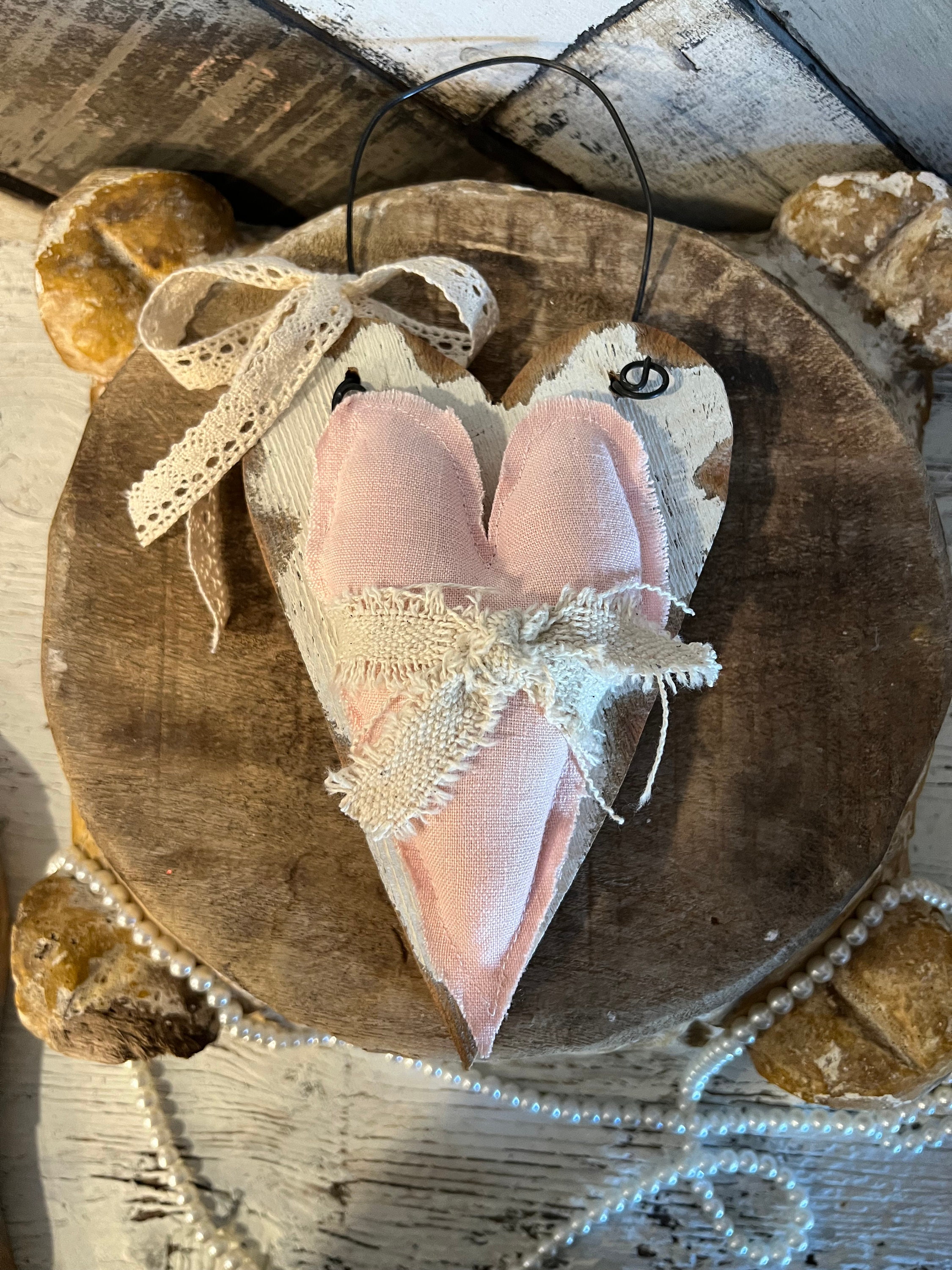 Darling Shabby Chic Chippy Wood Heart With a Sweet Puffy Material Heart ...