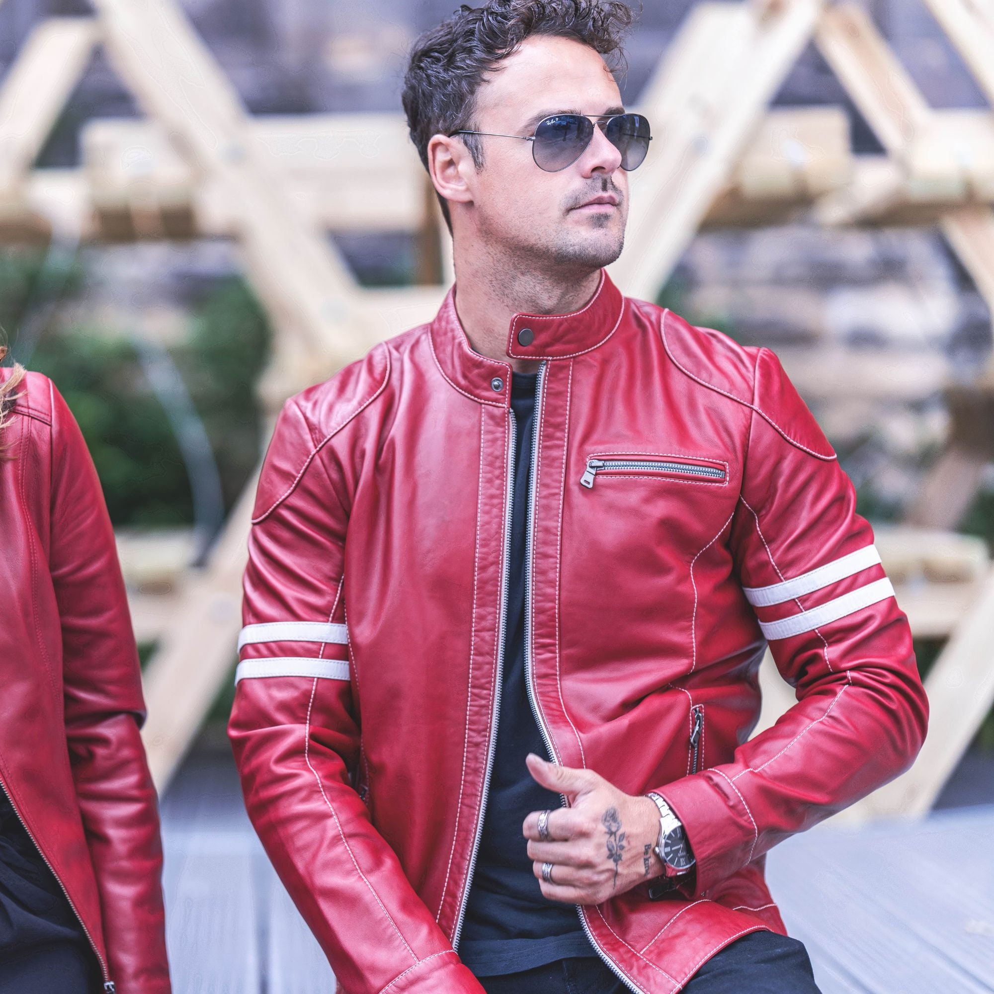 Red Leather Jacket for Men Biker Leather Jacket with Stripes Sheepskin Jacket Premium Leather for Boyfriend Gift Idea for 3rd Anniversary
