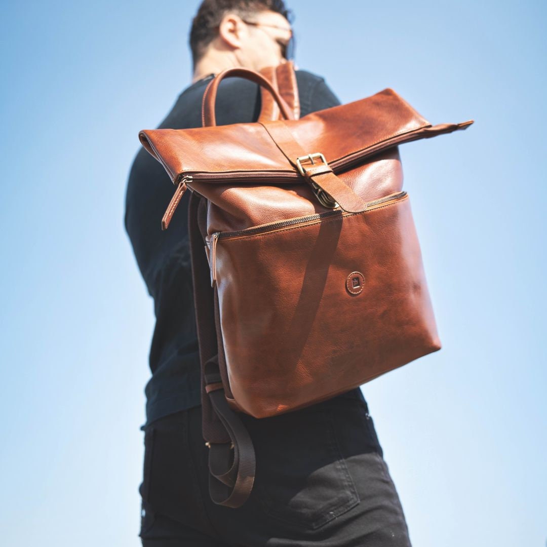 Roll Top Backpack Leather Roll Top Bag Back Pack Brown Brown Leather ...