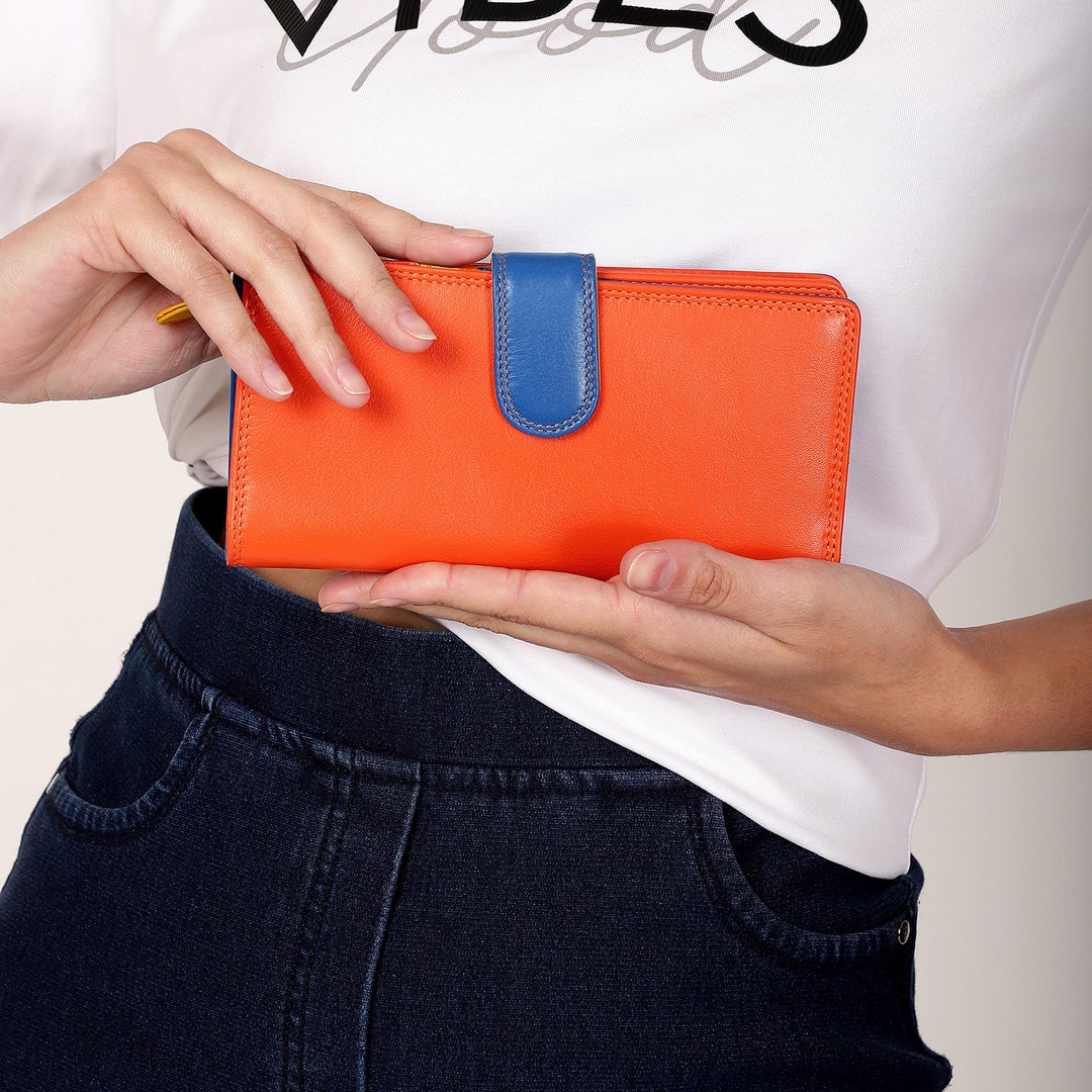 Bright Orange Leather Purse Ladies Wallet RFID Purse Multi-colour Long ...