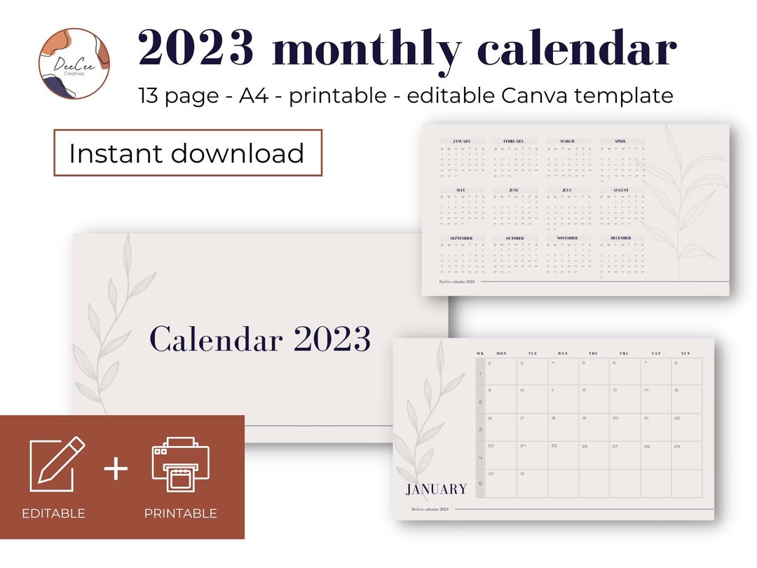 2023 Monthly Calendar - Floral | Editable & Printable | Monthly Planner ...