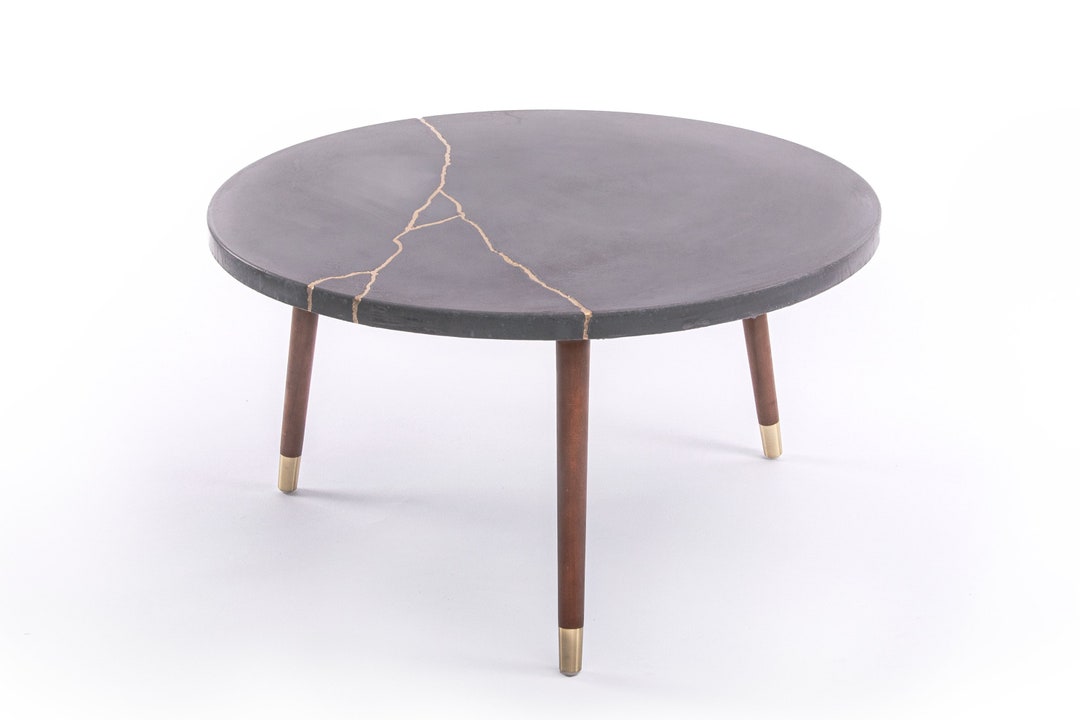 Concrete Kintsugi Coffee Table Round With Wood and Gold Legs - Etsy