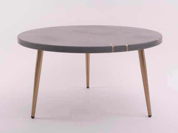 Concrete Kintsugi Coffee Table Round With Brushed Gold Legs - Etsy