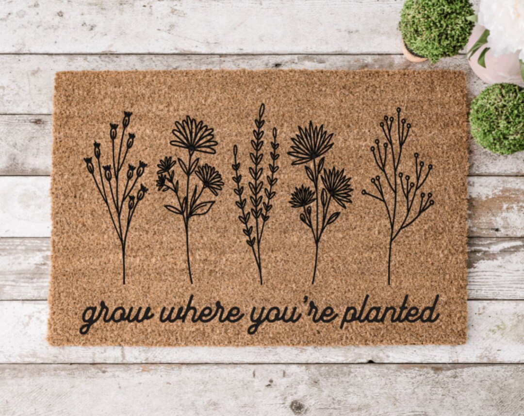 Modern Spring Flowers and Leaves Welcome Mat | Durable Eco-friendly ...