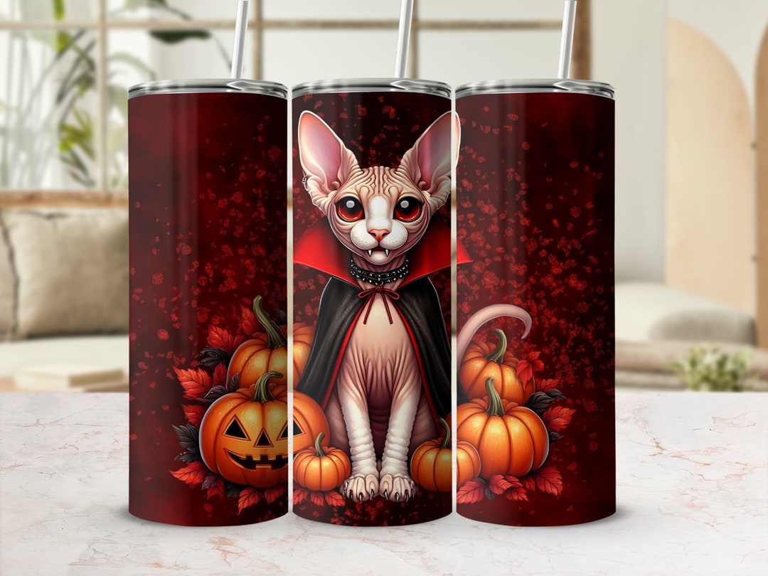 Vampire Sphynx Cat PNG Tumbler Wrap, Sphynx With Pumpkins October ...