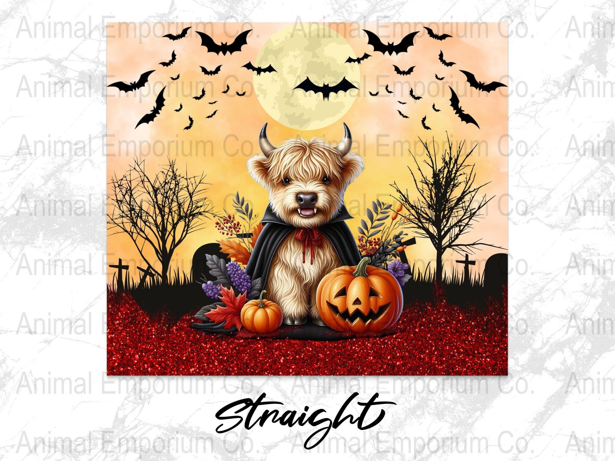 Vampire Highland Cow PNG Tumbler Wrap, Cow With Pumpkins and Bats ...