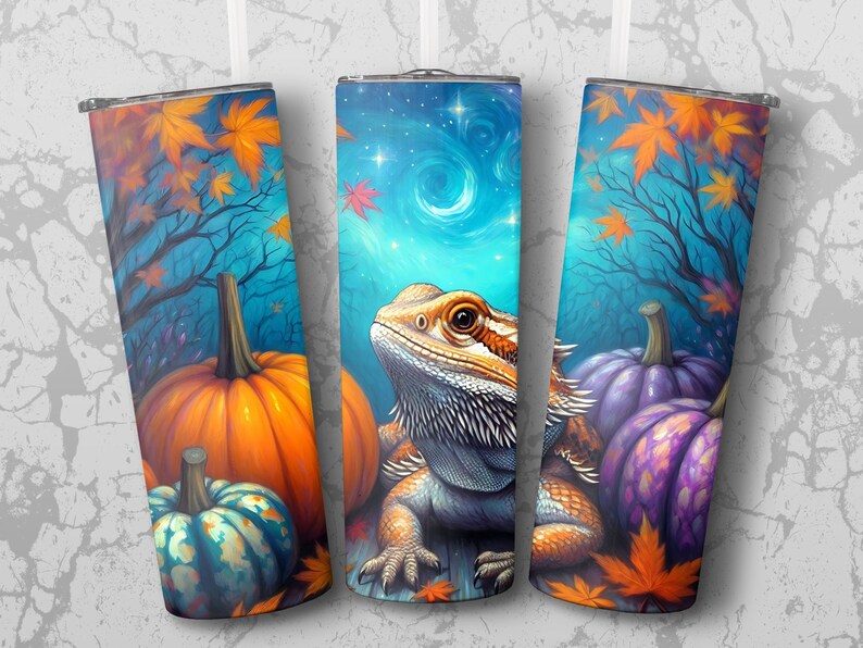 Bearded Dragon Fall Season Tumbler PNG Wrap, Reptile Halloween Digital ...