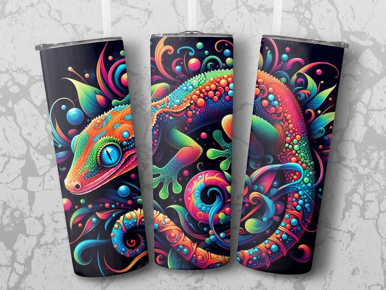 Gecko Skinny Tumbler PNG Wrap, Gecko Lizard Neon Floral Straight ...
