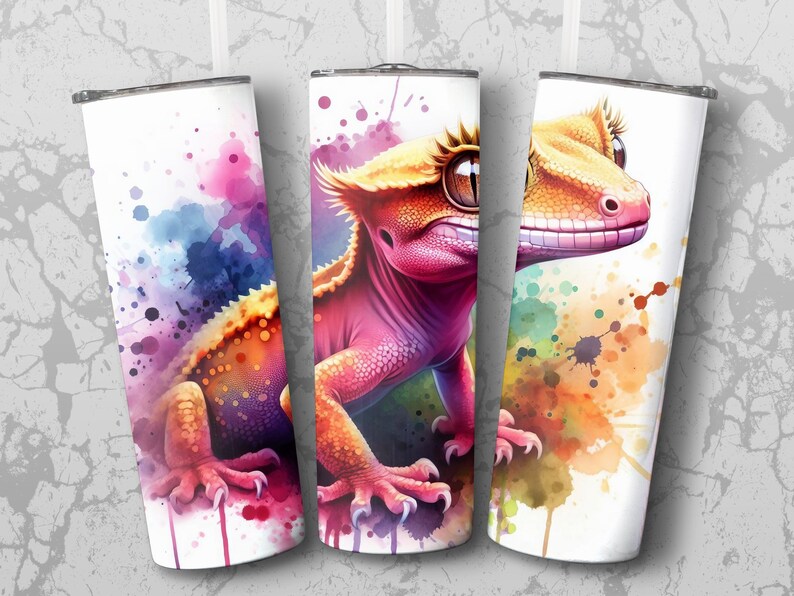 Gecko Tumbler PNG Wrap, Watercolor Crested Gecko Tumbler, Straight Wrap ...
