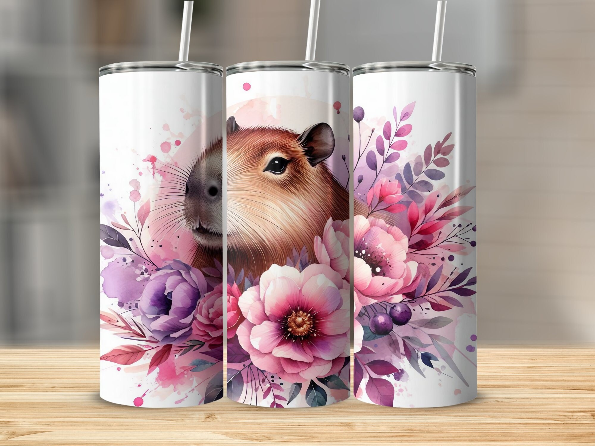Capybara Floral Skinny Tumbler PNG Wrap, Capybara With Flowers Straight ...