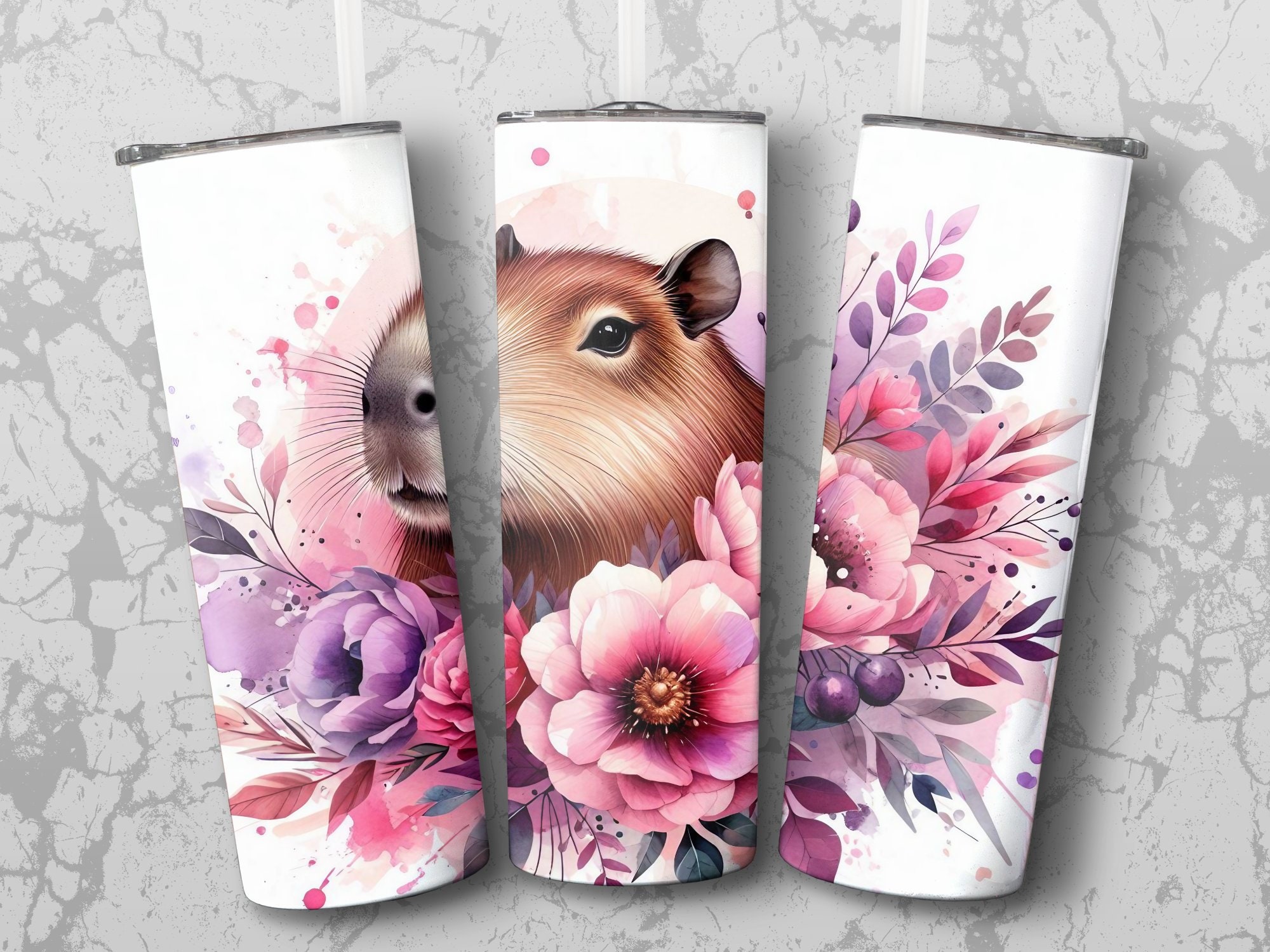 Capybara Floral Skinny Tumbler PNG Wrap, Capybara With Flowers Straight ...