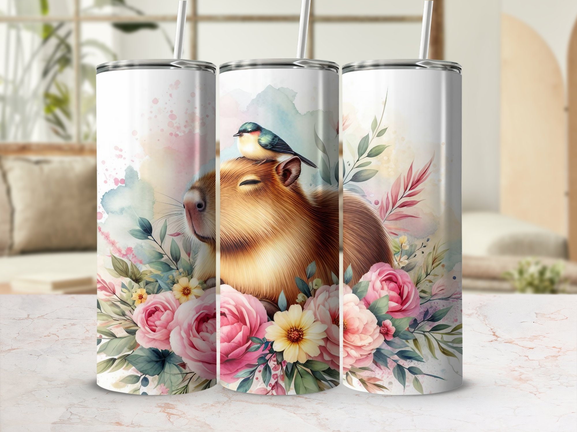 Capybara Watercolor Flower PNG, Capybara With Bird Straight Digital ...