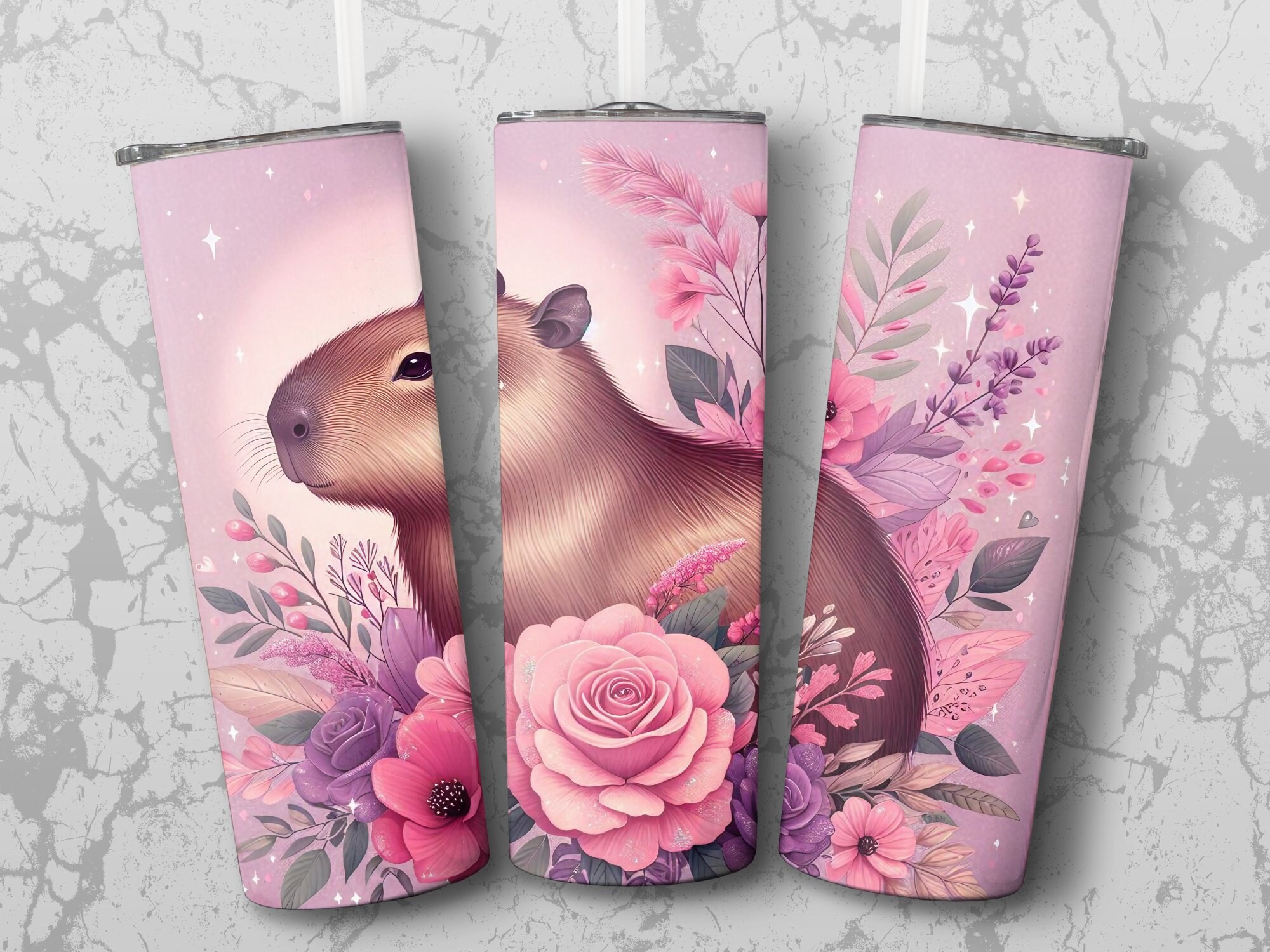 Capybara Floral Skinny Tumbler PNG Wrap, Capybara With Flowers Straight ...