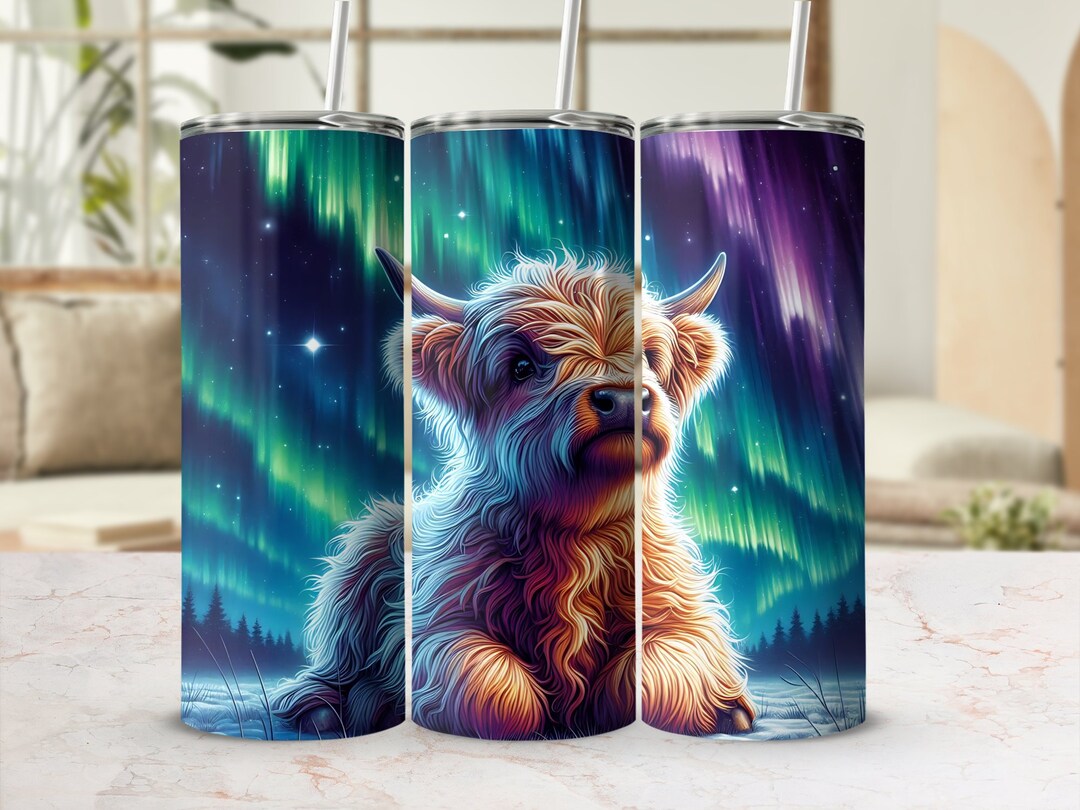 Highland Cow Northern Lights PNG Wrap, Cow Aurora Borealis Digital ...