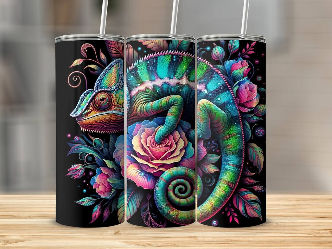 Chameleon Neon Floral Tumbler PNG Wrap, Reptile Digital Download ...