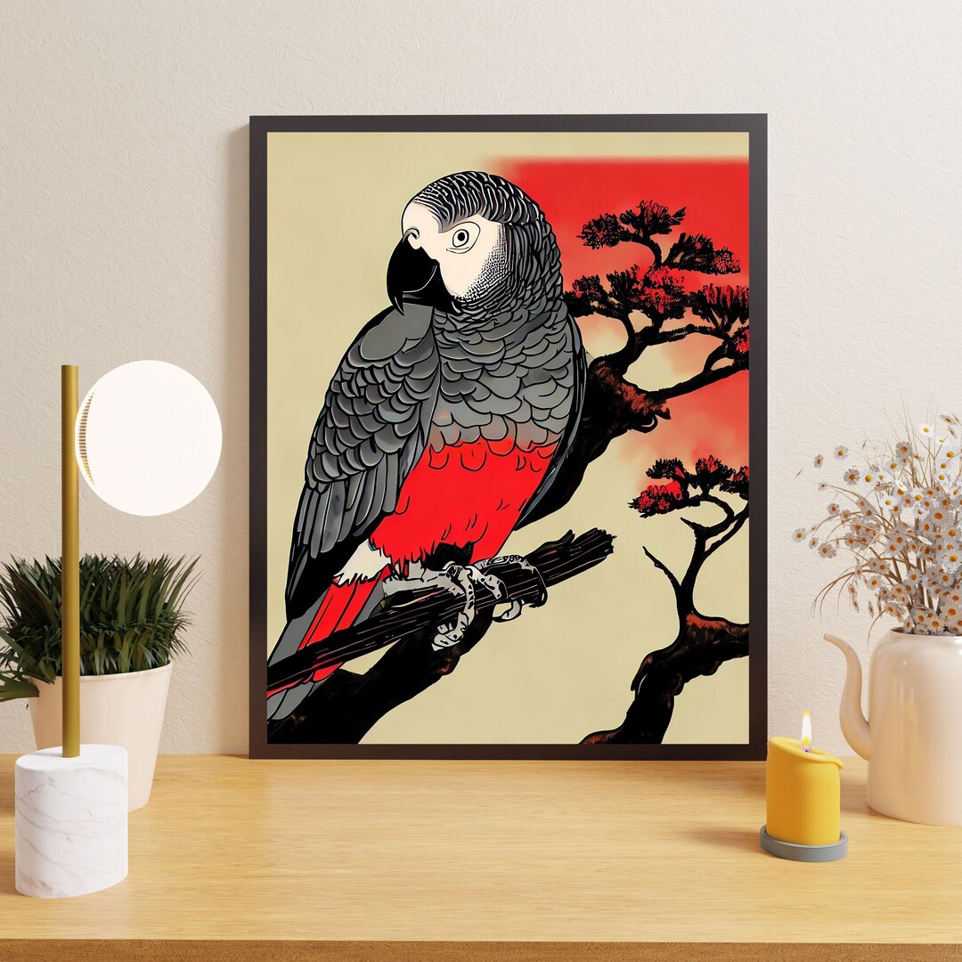 African Grey Parrot Wall Art Poster Ukiyo-e Style, African Grey Bird ...