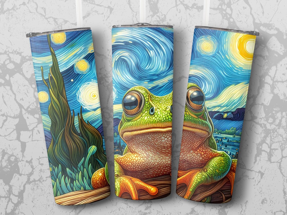 Frog Starry Night Tumbler PNG Wrap, Van Gogh Art Skinny Tumbler, Frog ...
