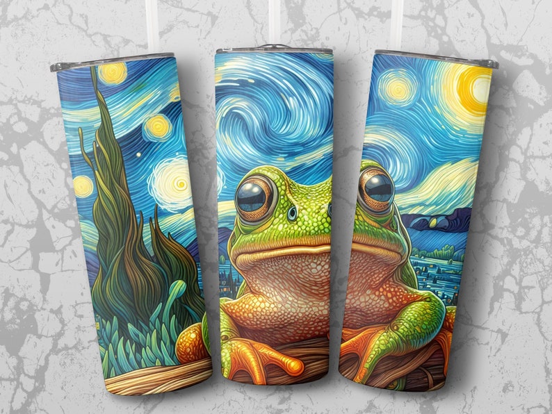 Frog Starry Night Tumbler PNG Wrap, Van Gogh Art Skinny Tumbler, Frog ...
