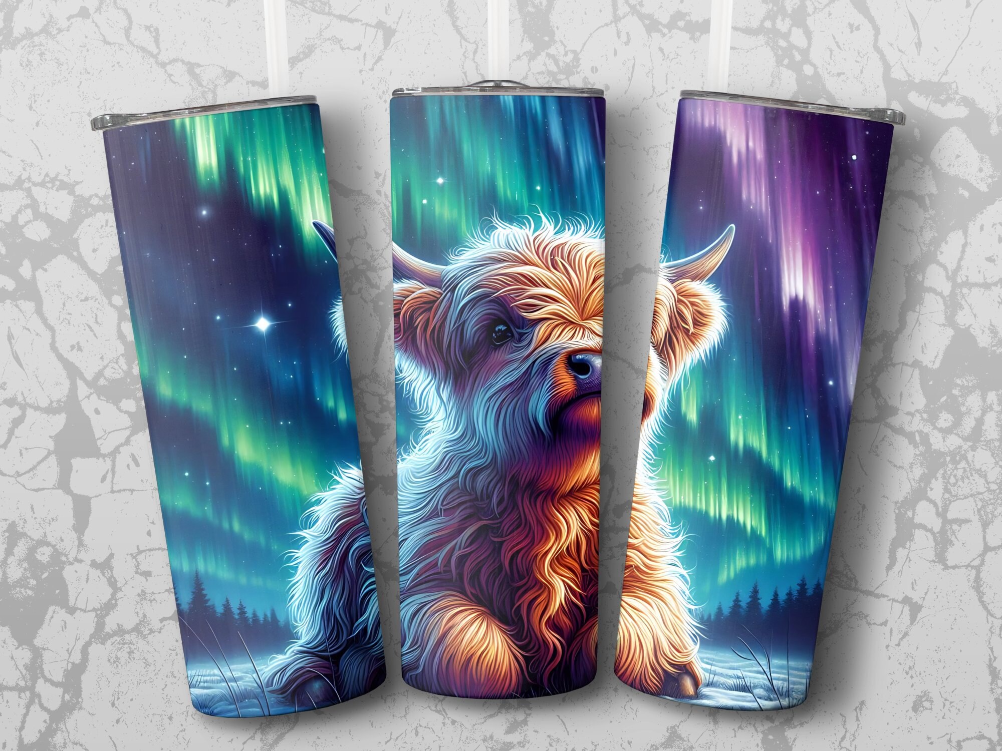 Highland Cow Northern Lights PNG Wrap, Cow Aurora Borealis Digital ...