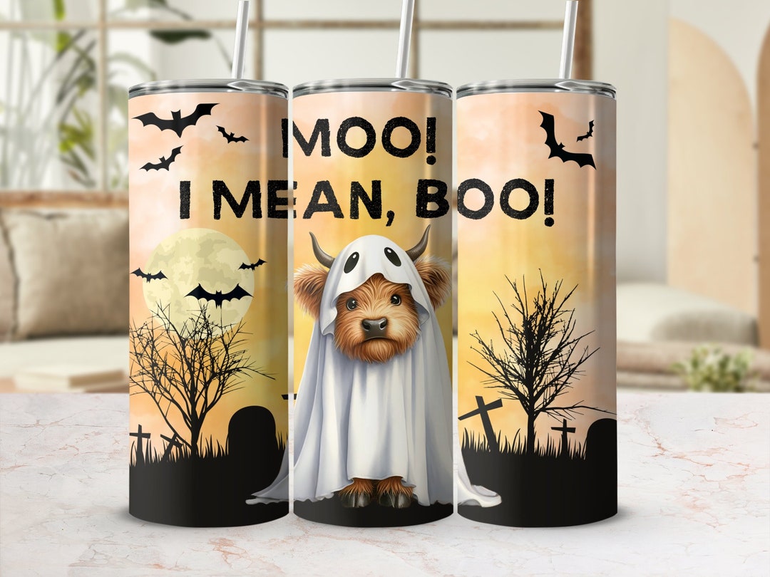 Cute Highland Cow Ghost PNG Tumbler Wrap, Moo I Mean Boo, Spooky Cow ...