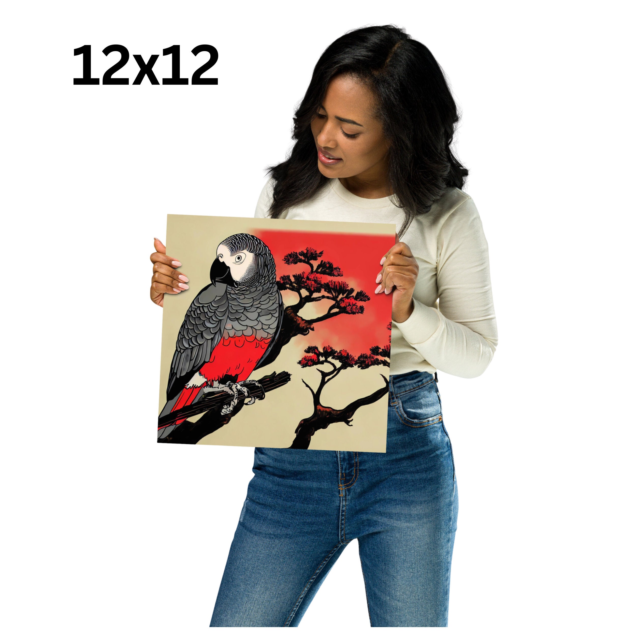 African Grey Parrot Wall Art Poster Ukiyo-e Style, African Grey Bird ...
