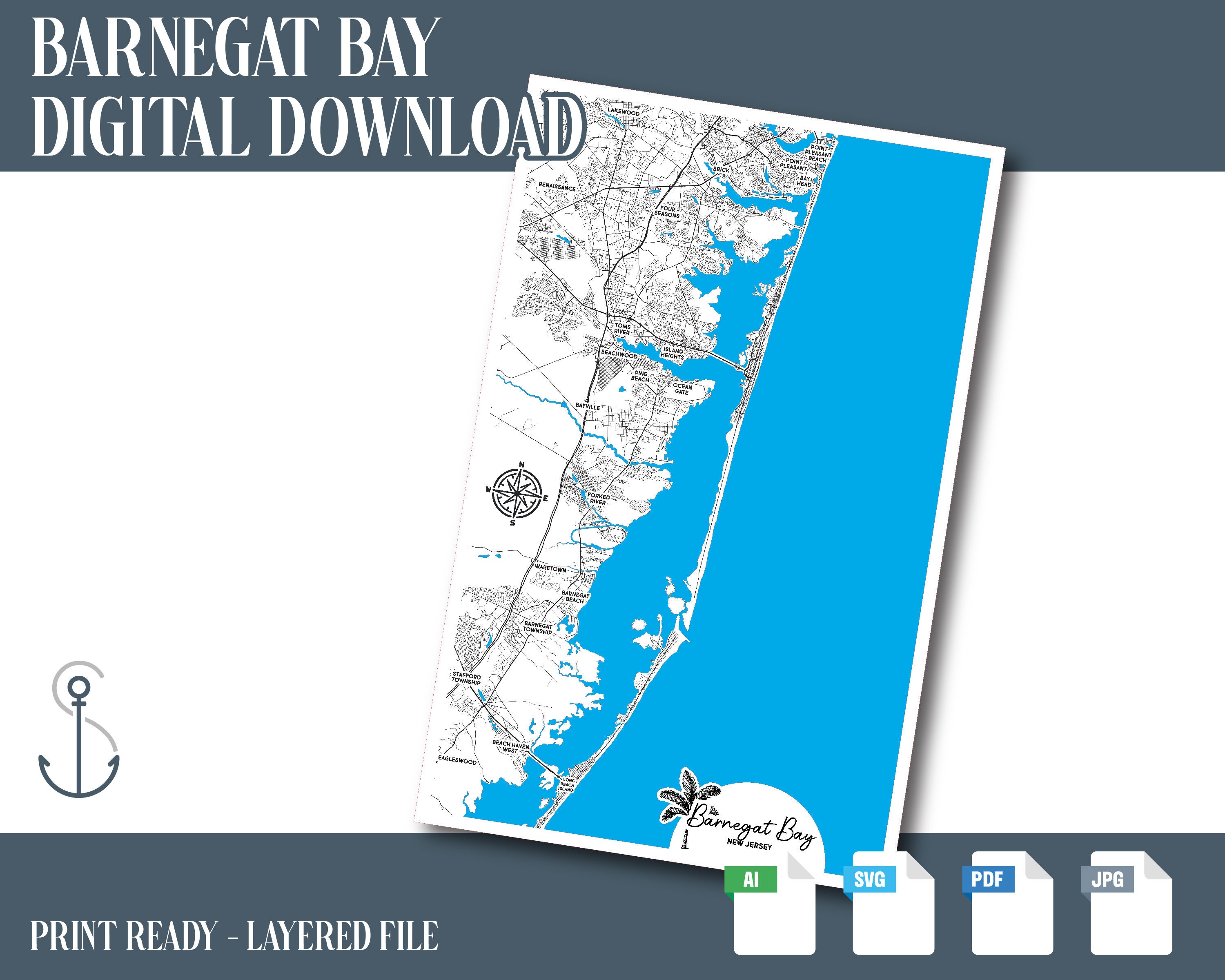 Barnegat Bay Map File, Barnegat SVG, New Jersey SVG, Laser File, Lake ...