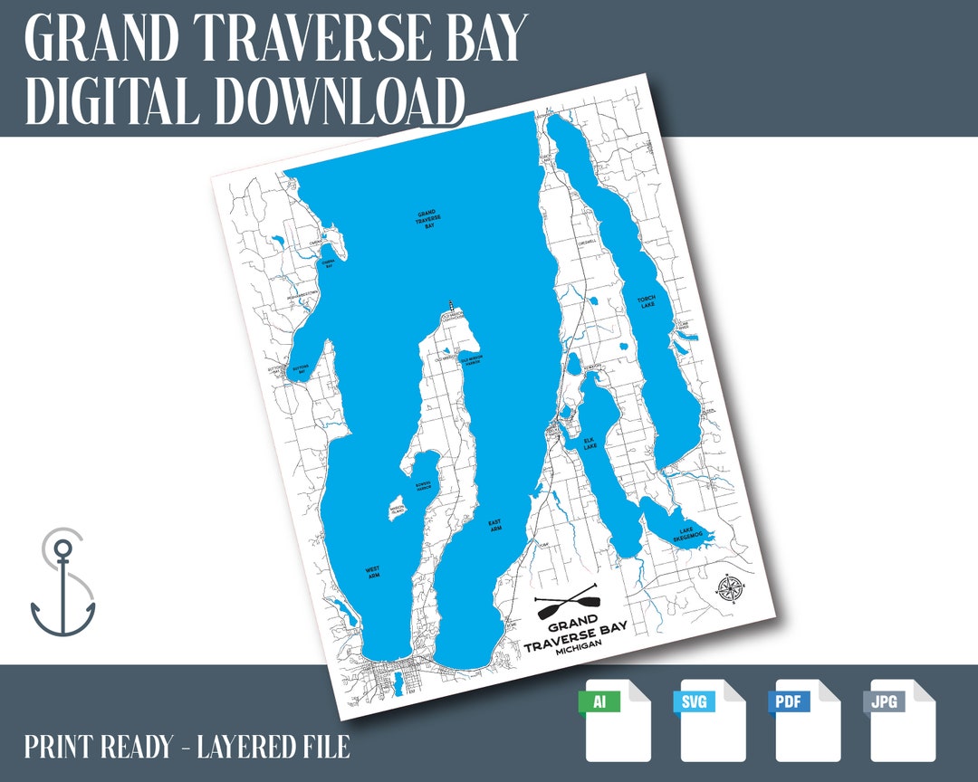 Grand Traverse Bay Map File Traverse City Map SVG Laser Map - Etsy