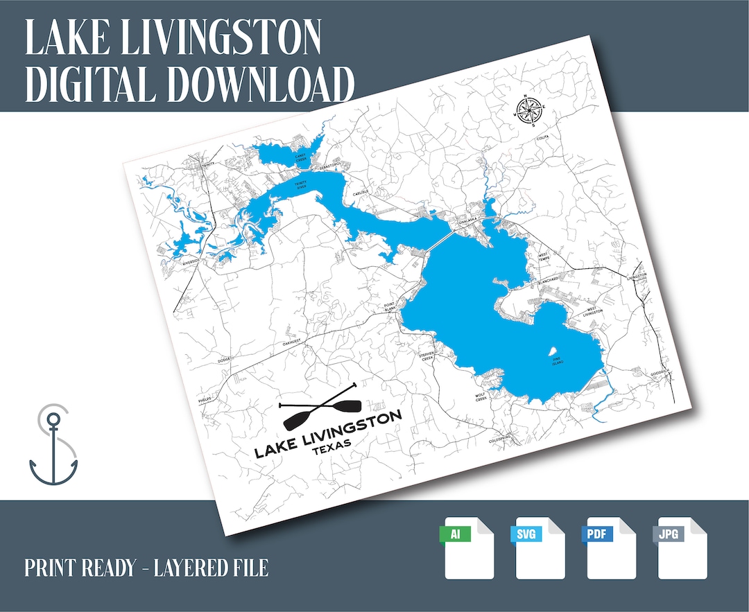 Lake Livingston Map File, Lake Livingston SVG, Laser Map File, Lake Map ...