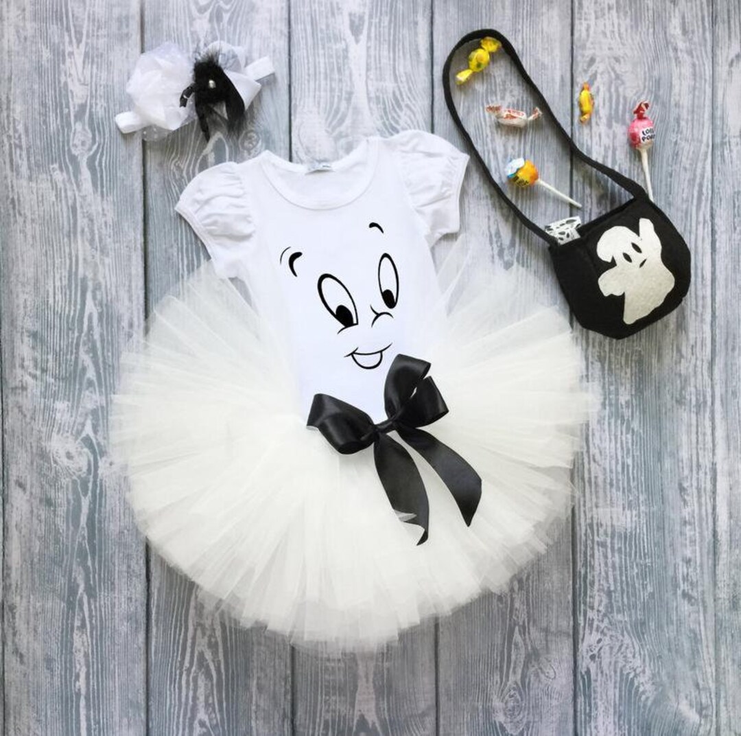 White Ghost Toddler Costume Tutu With Bow Headband & Bag, Cute Baby ...