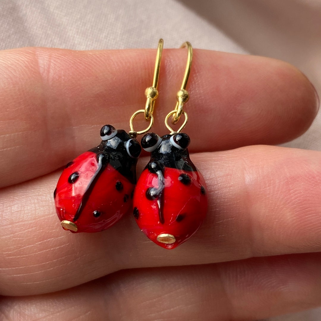 Ladybug Earrings Gold Hand-blown Glass Hanging Earrings - Etsy