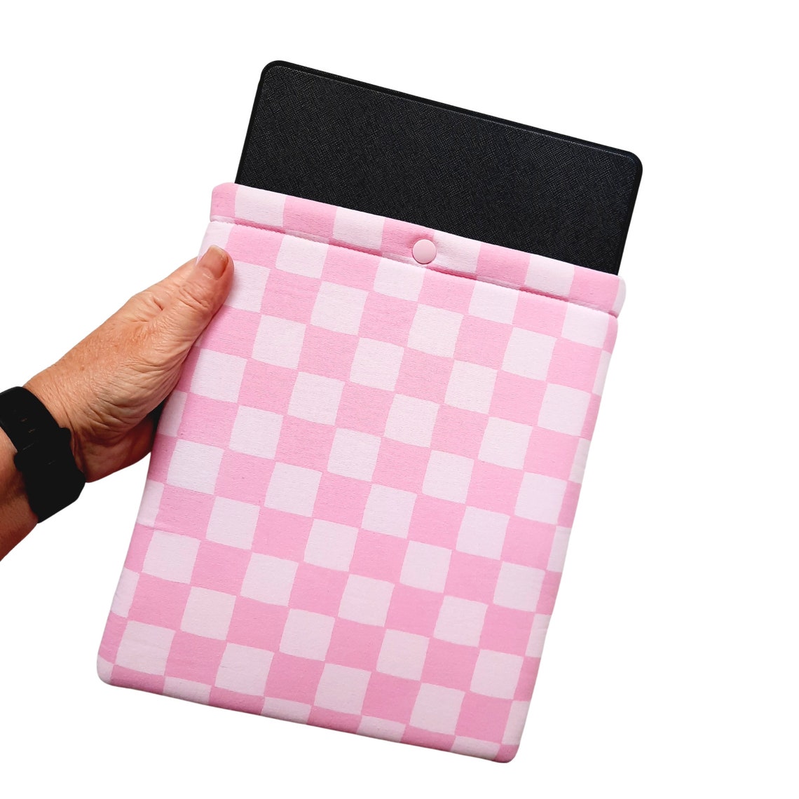 Pink Checkered Kindle Scribe Sleeve: Padded Cotton Pouch With Snap - Etsy