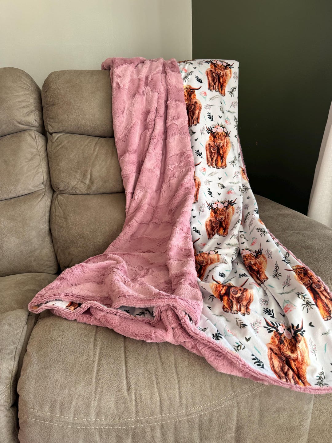 Mauve Highland Cow, Adult Blanket, Minky Couch Blanket, Weighted ...