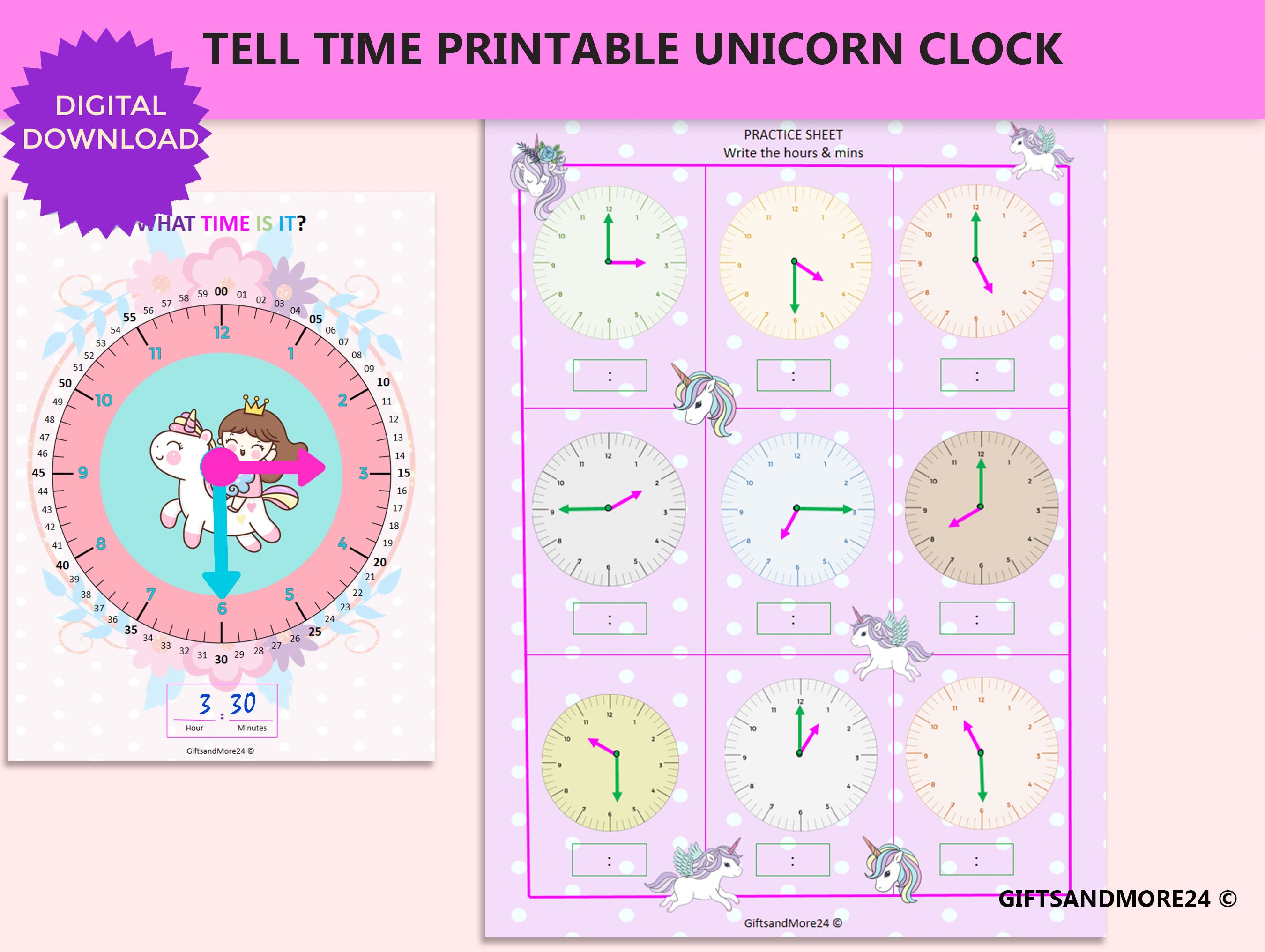Printable Unicorn Clock Learn to Tell Time for Kids - Etsy