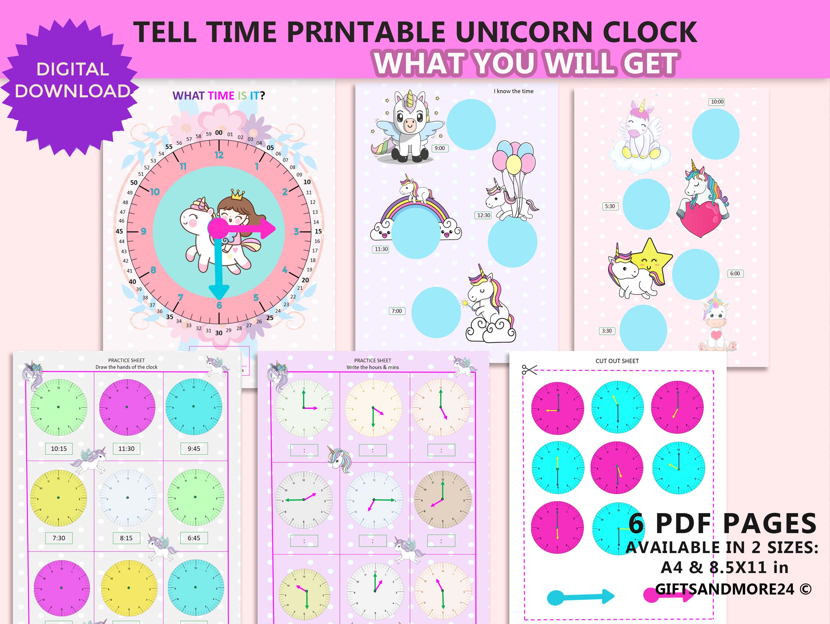 Printable Unicorn Clock Learn to Tell Time for Kids - Etsy